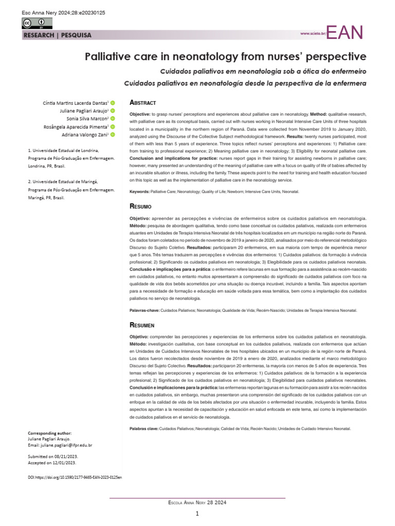 Palliative Care in Neonatology From Nurses Perspe | PDF | Neonatal ...