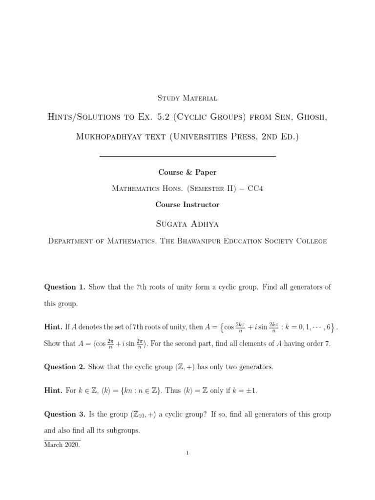 Solution Sen Ghosh Mukhopadhyay Abstract Algebra 5 2 Cyclic Group-1 | PDF | Group (Mathematics ...