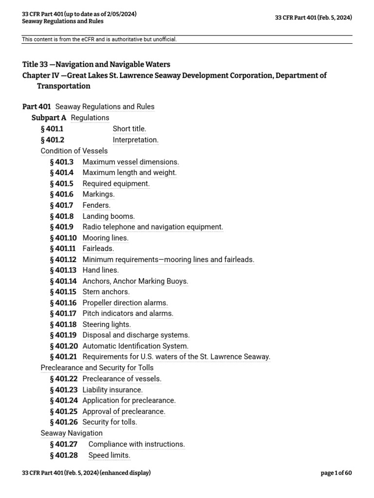 33 CFR Part 401 (Up To Date As of 2-05-2024) | PDF | Anchor ...