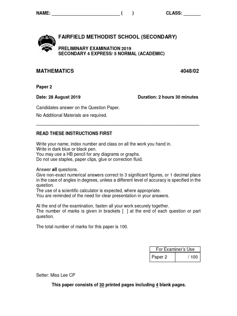 Fairfield Methodist Sec 4exp Prelim EM 2019 | PDF | Triangle | Sphere