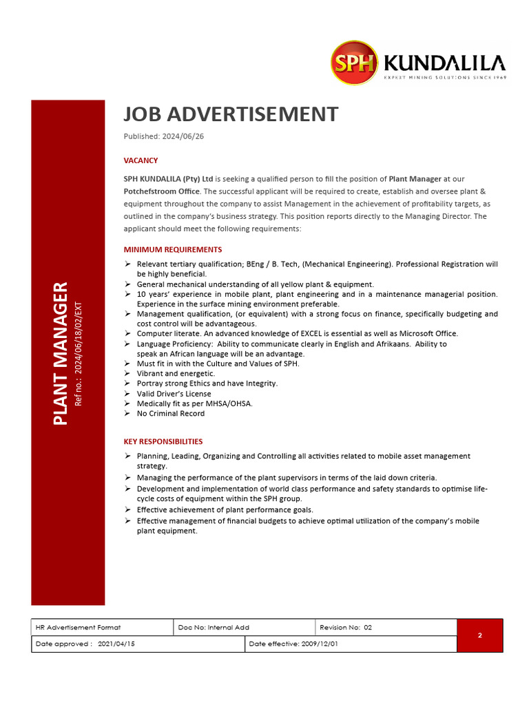 Plant Manager Job Advertisement | PDF | Business | Economies