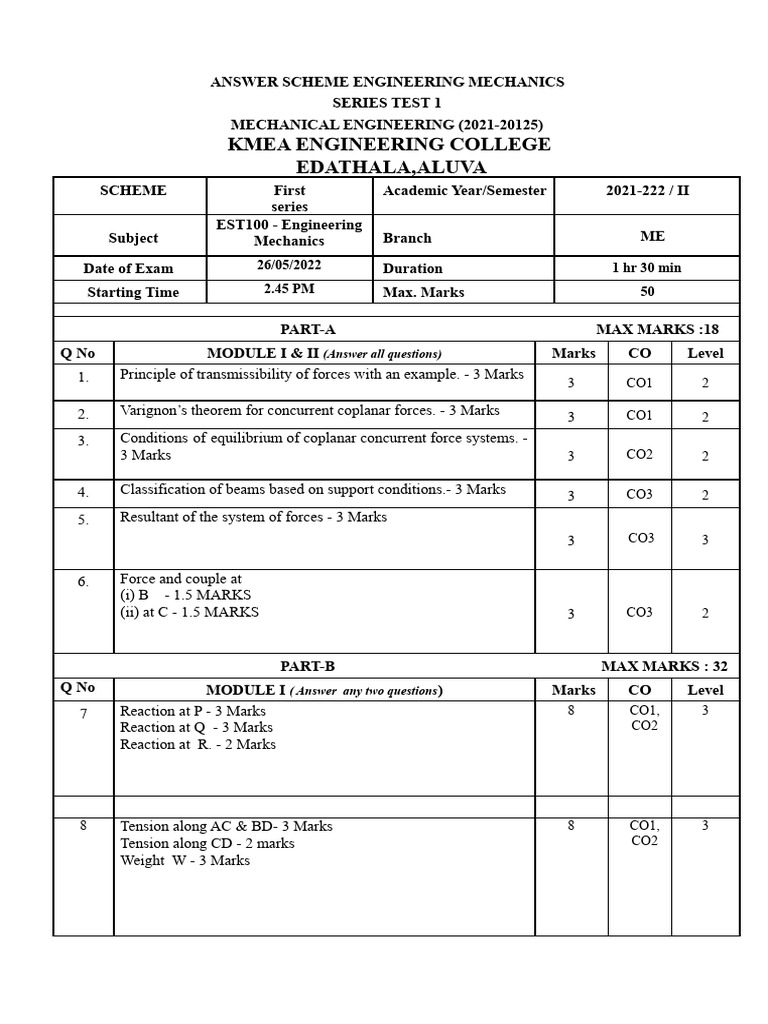 Answer Scheme S2 ME Engineering Mechanics ST1 (2021-2025) | PDF | Force ...