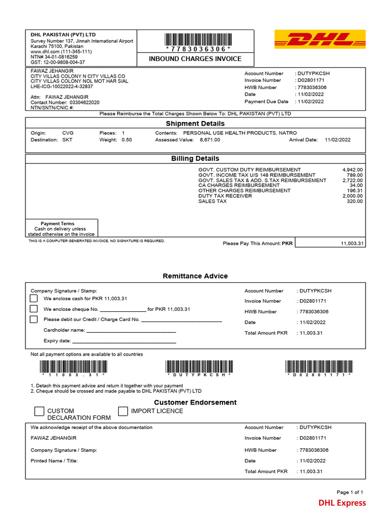 DHL Receipt | Download Free PDF | Payments | Receipt