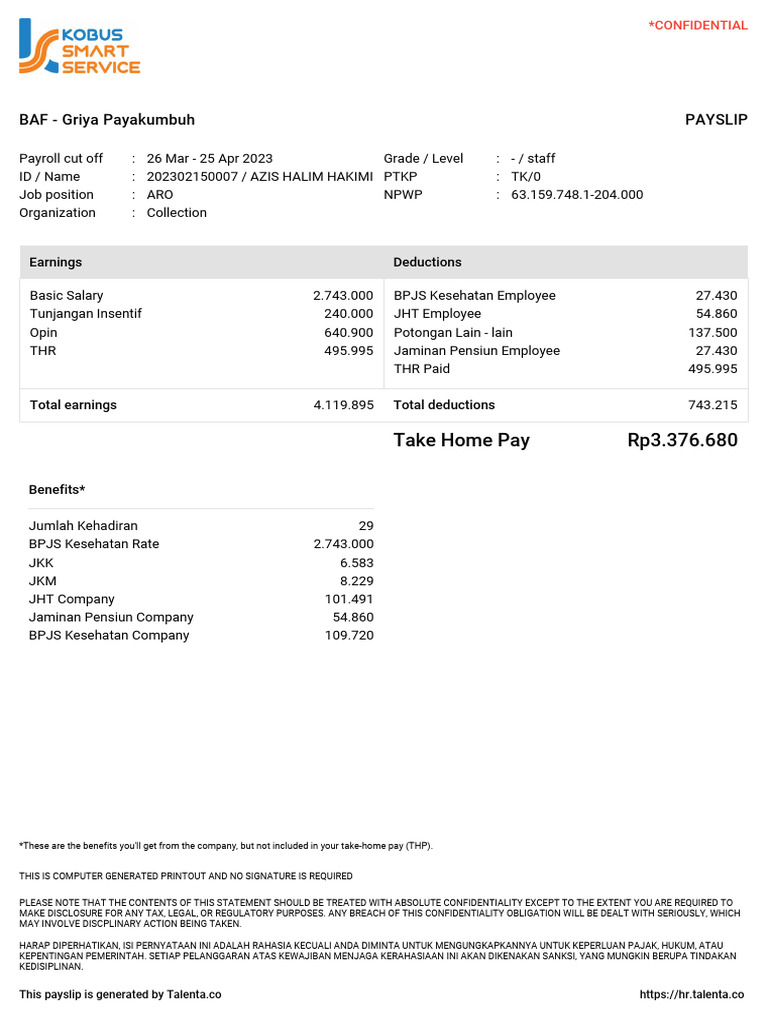 Talenta Payslip PT Kobus Smart Service Apr 2023 AZIS HALIM HAKIMI | PDF ...