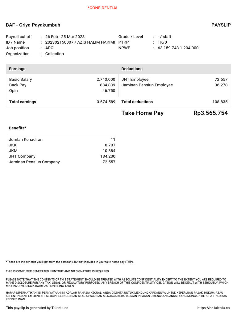 Talenta Payslip PT Kobus Smart Service Mar 2023 AZIS HALIM HAKIMI | PDF ...