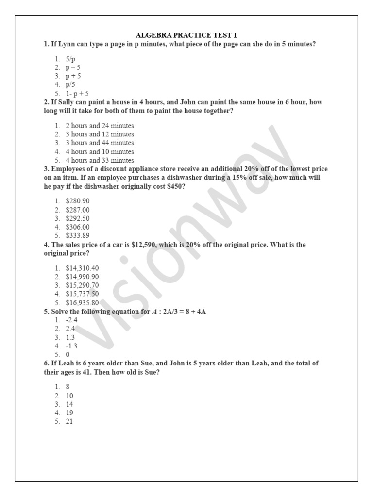 Algebra Practice Test 1 | PDF | Interest | Equations
