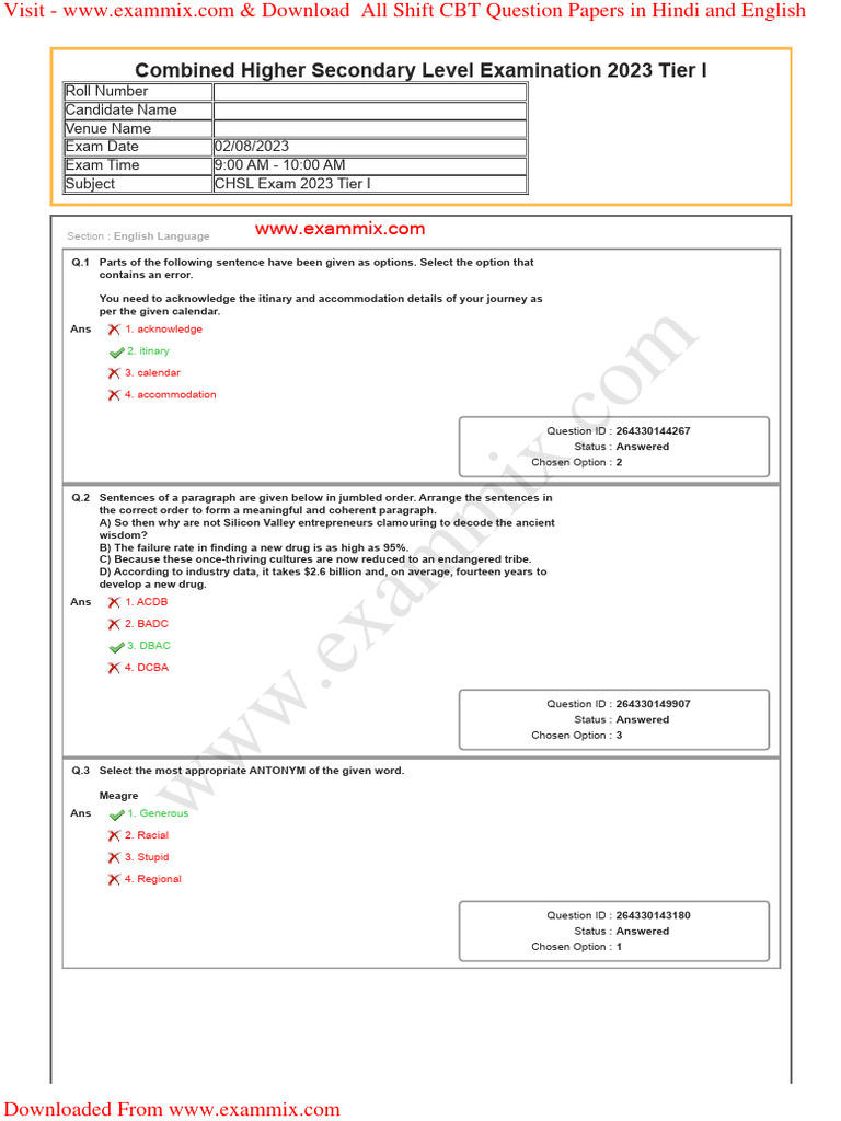 SSC CHSL Question Paper 2023 PDF in Hindi All Shift | PDF | Question ...