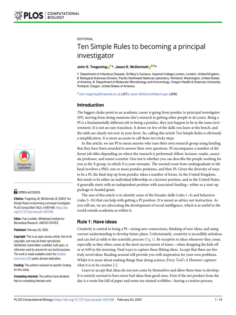 Tregoning和McDermott - 2020 - Ten Simple Rules to becoming a principal ...