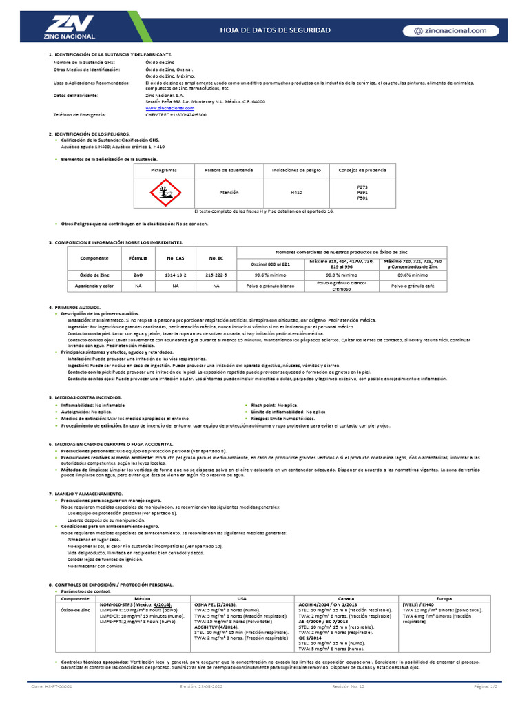 MSDS Oxido Zinc Es | PDF | Óxido de zinc | Agua