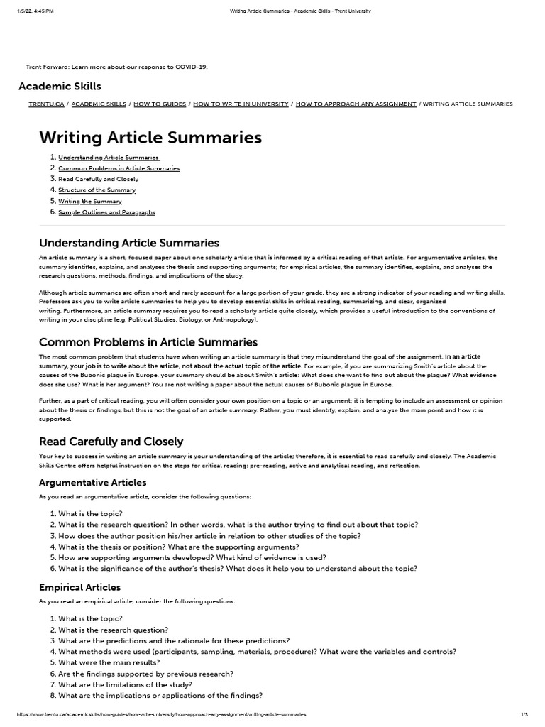 Writing Article Summaries - Academic Skills - Trent University ...