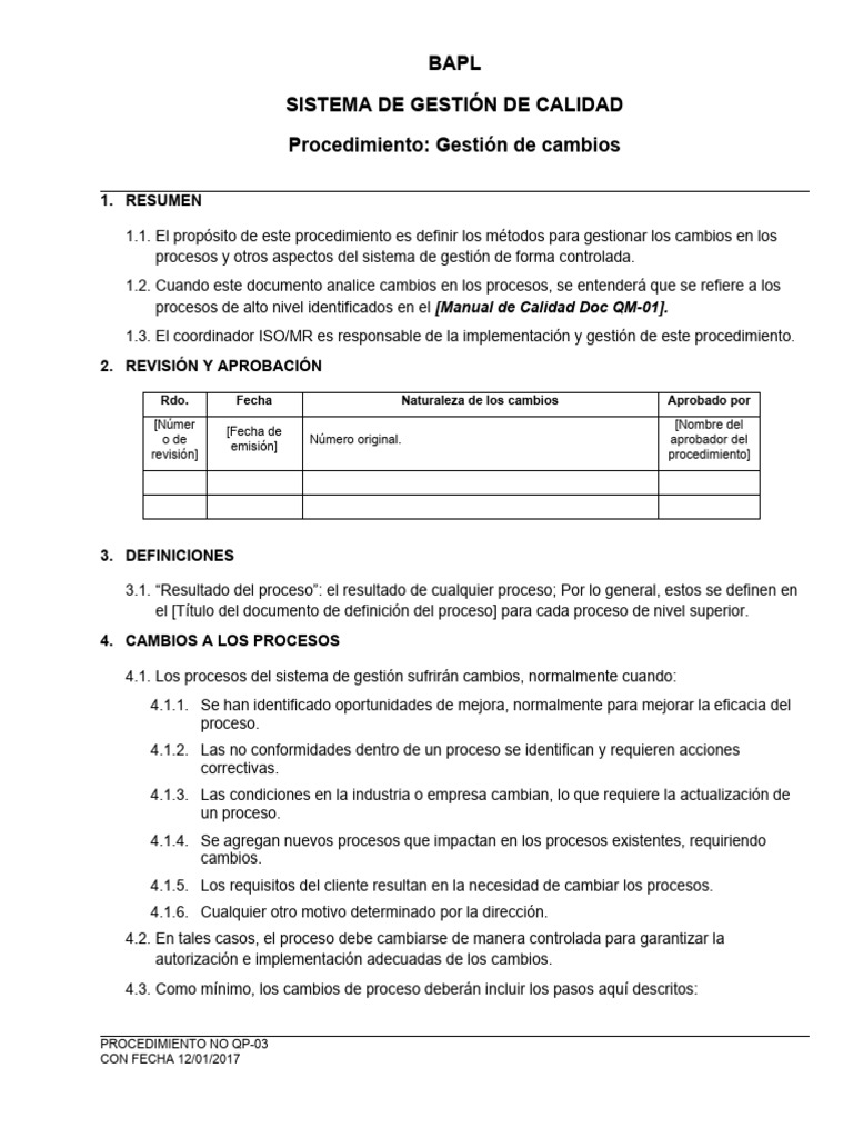 Procedimiento de Gestión de Cambios | Descargar gratis PDF | Sistema de manejo de calidad | Business
