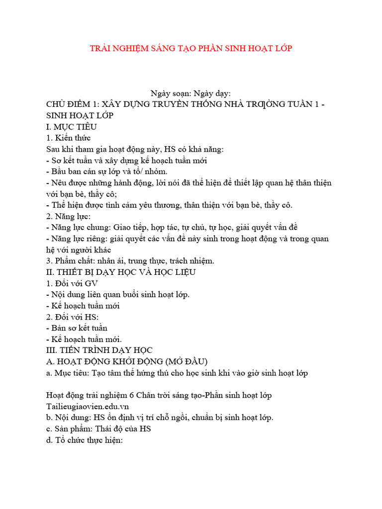 Giáo Án HĐTN 6 Phần SHL | PDF