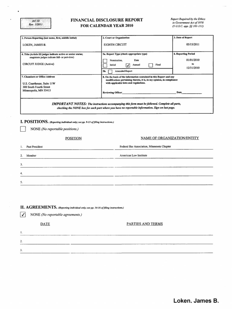 Judge James B. Loken's 2010 Disclosure | PDF | Dividend | Financial ...
