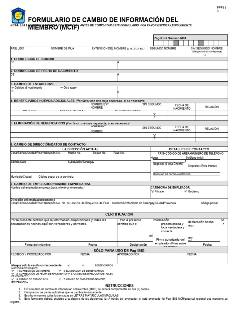 Formulario de Cambio de Información Del Miembro (Mcif) | PDF | Certificado de nacimiento ...