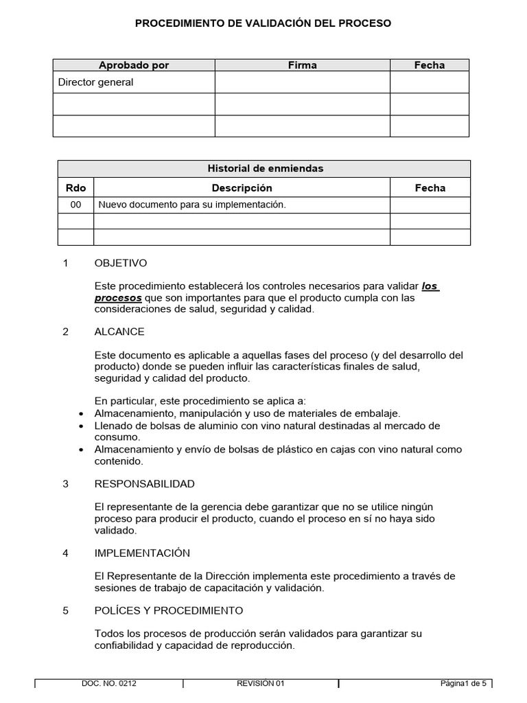 Procedimiento de Ejemplo para La Validación de Procesos | Descargar ...