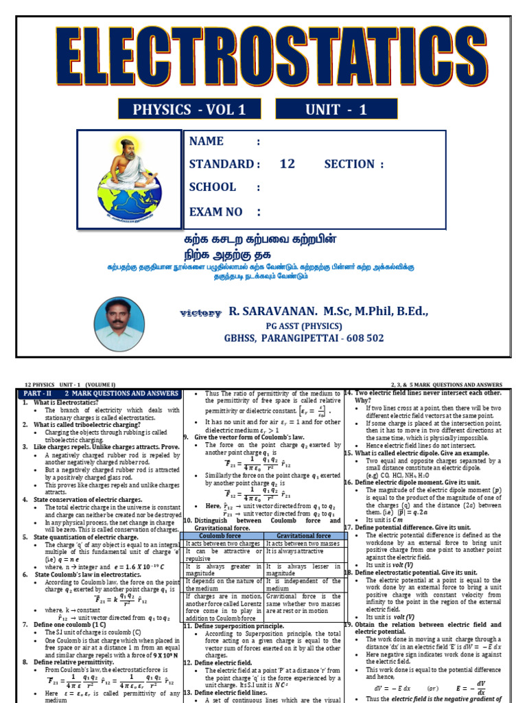 12 Physics Full Guide | PDF | Electric Field | Capacitance