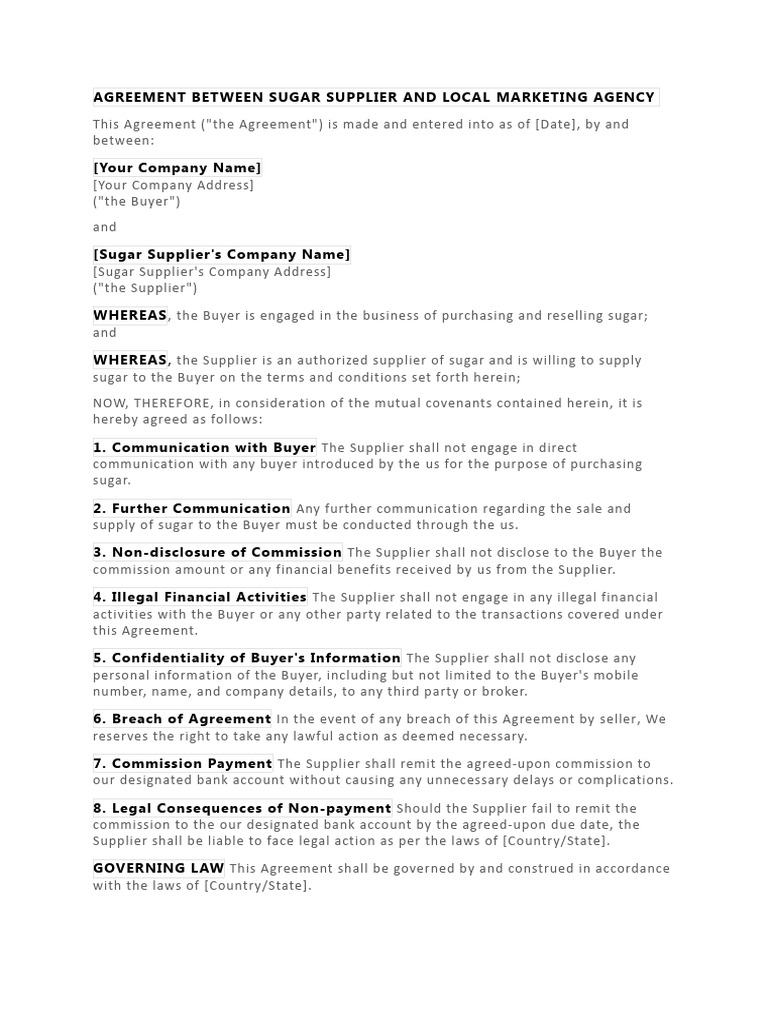 Agreement Between Sugar Supplier and Local Marketing Agency | PDF ...