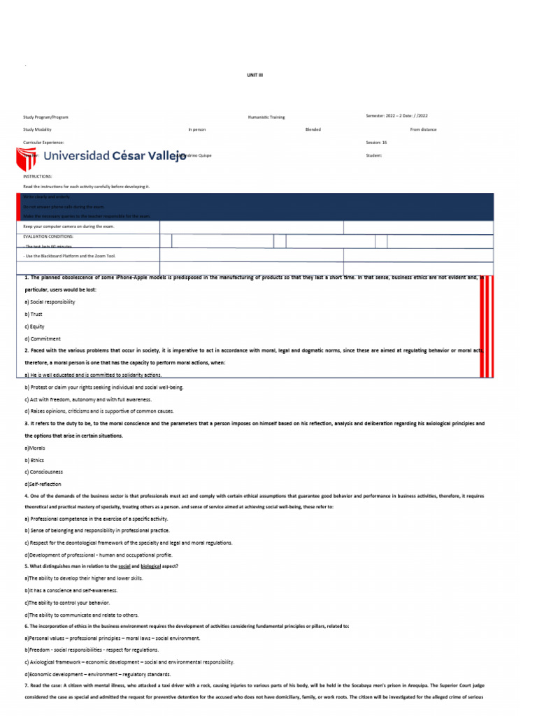 Humanistic Training Exam Instructions | PDF | Morality | Free Will