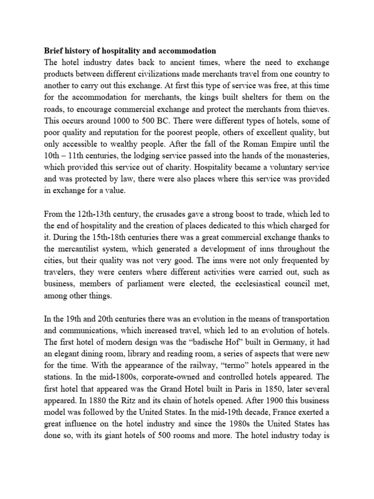 Brief History of Hospitality and Accommodation | PDF | Tourism | Hotel