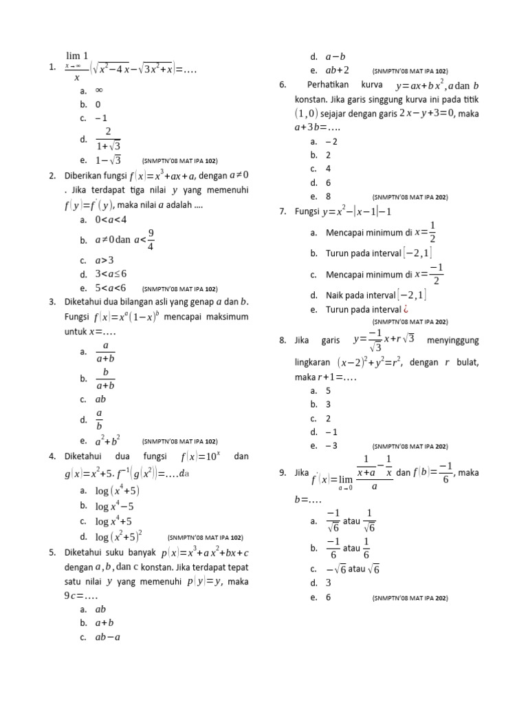 Soal (Fungsi, Limit, Turunan, Suku Banyak, Dan Lingkaran) Ok | PDF