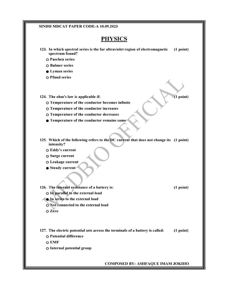 MDCAT 2023 Physics | PDF