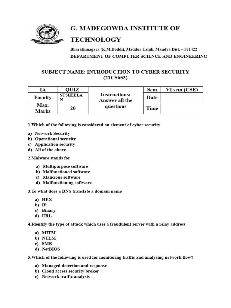Quiz Cybersecurity | PDF | Security | Computer Security