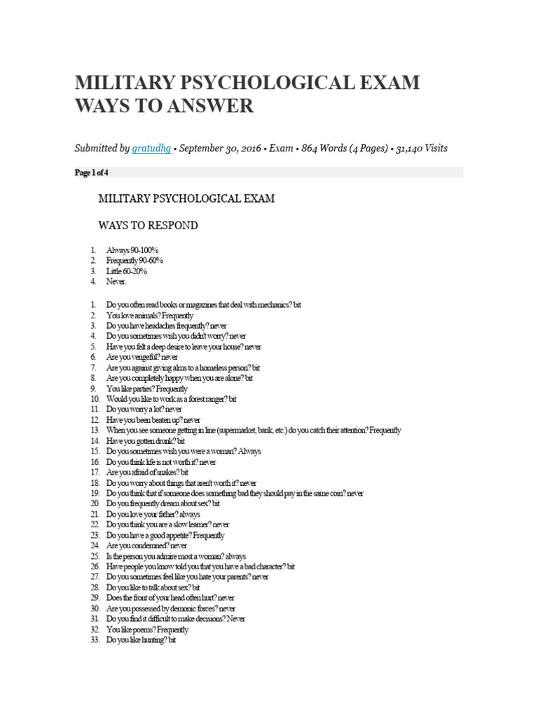 Military Psychological Test Ways To Answer | PDF | Psychological Evaluation