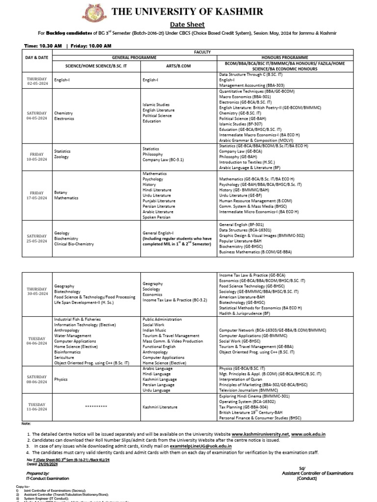 3rd Sem Backlog Datesheet 2016-2021 | PDF | Science
