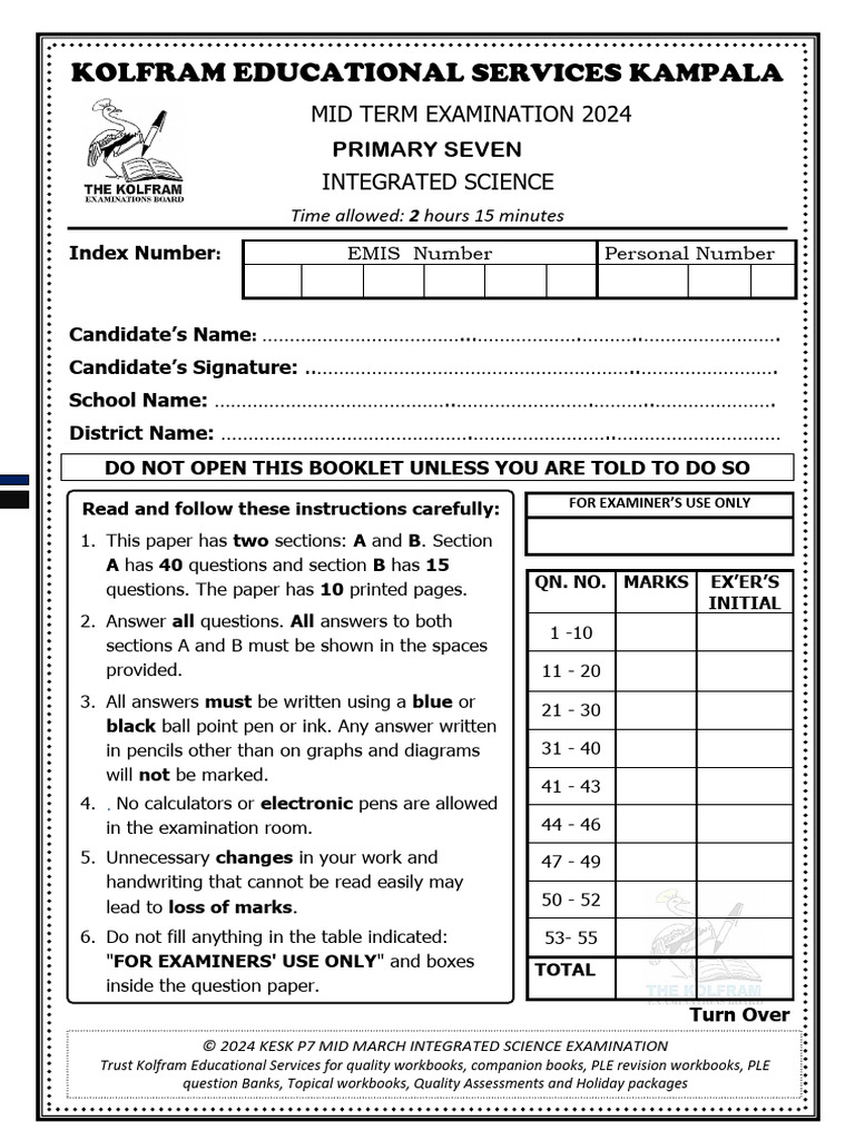 Standard Kolfram p7 Science Mid Term I 2024 Final 8 Pages | PDF