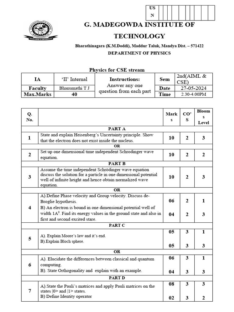 Second Sem QP | PDF | Schrödinger Equation | Physics