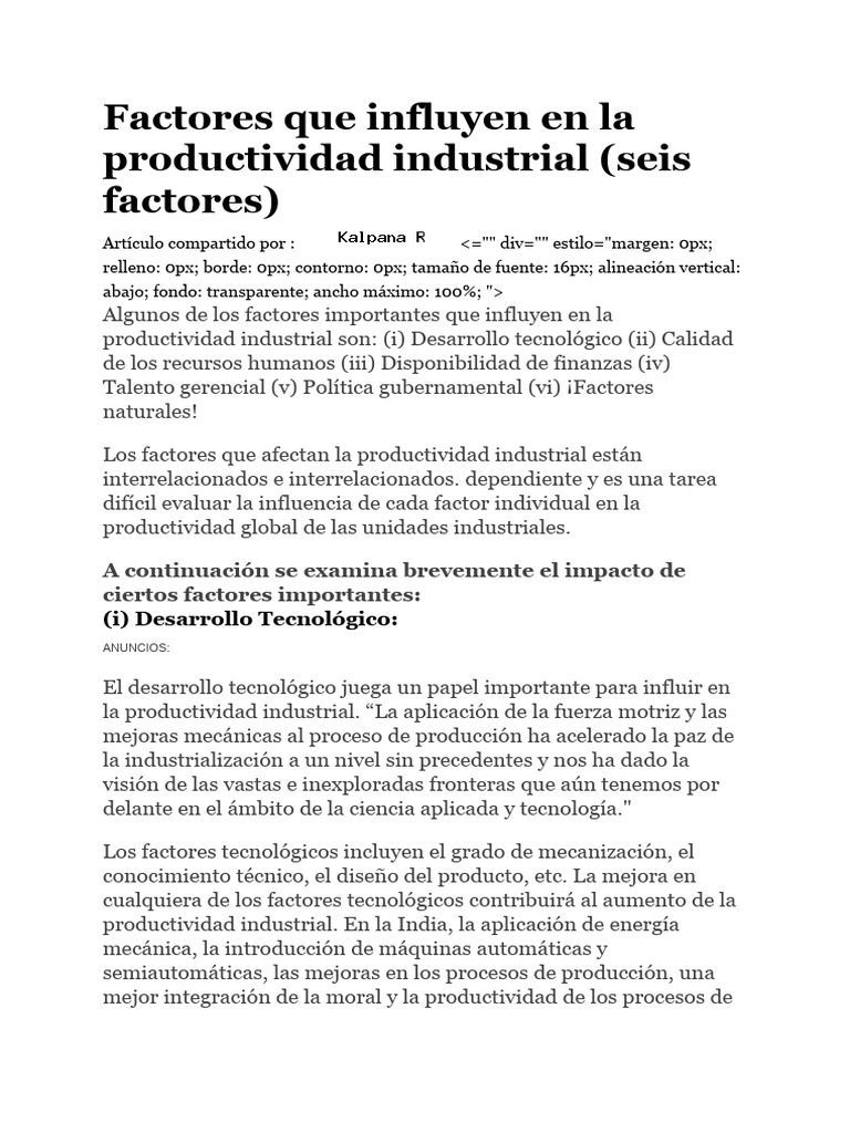 Factores Que Influyen en La Productividad Industrial | PDF | Business | Calidad (comercial)