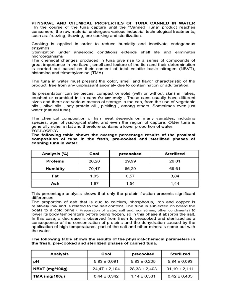 Physical and Chemical Properties of Canned Tuna in Water | PDF ...