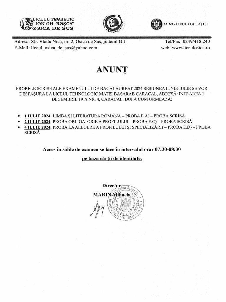 Anunt Bacalaureat 2024 - Probe Scrise | PDF