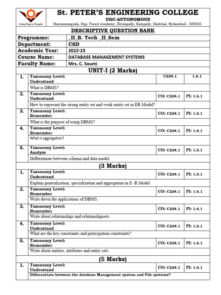 DBMS DESCRIPTIVE QB 2.5 Units | PDF | Relational Model | Relational Database