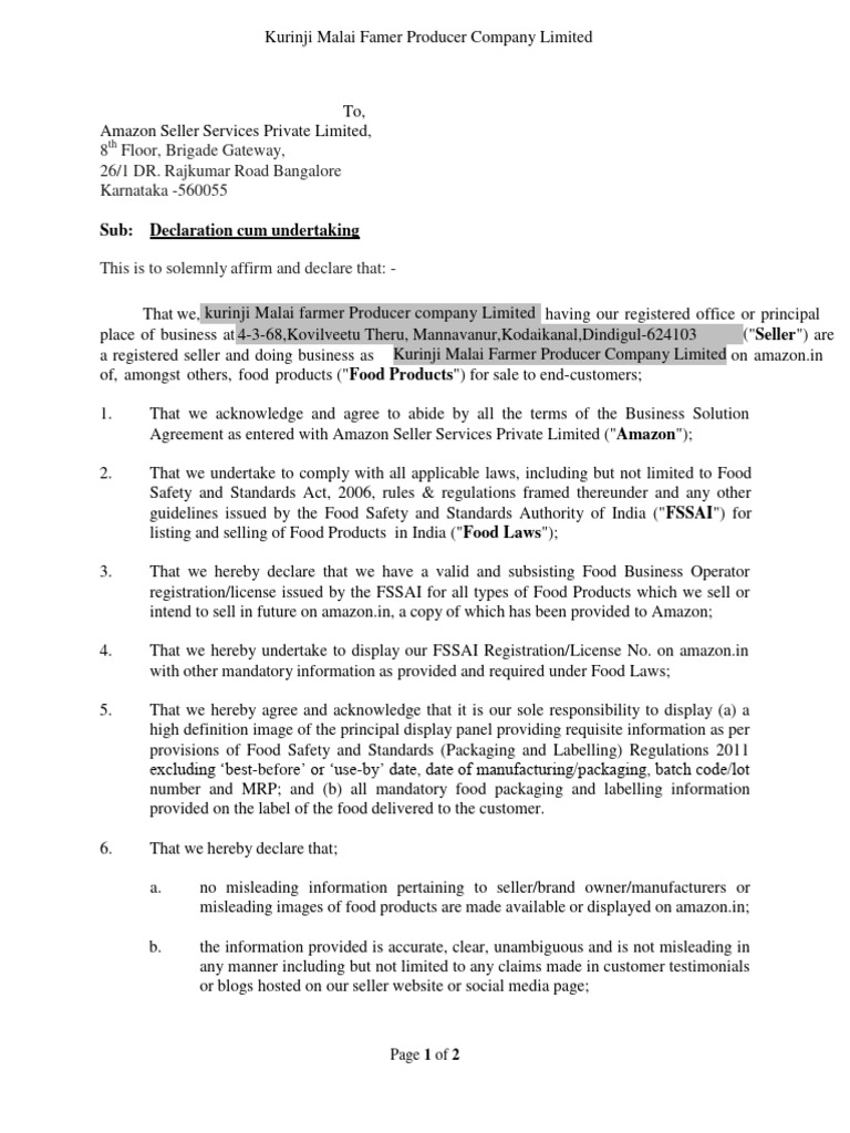 FSSAI Seller Declaration Document. CB1198675309 | PDF | Food Safety ...