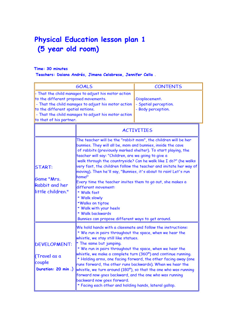 Physical Education Lesson Plan 1 | PDF | Developmental Psychology ...