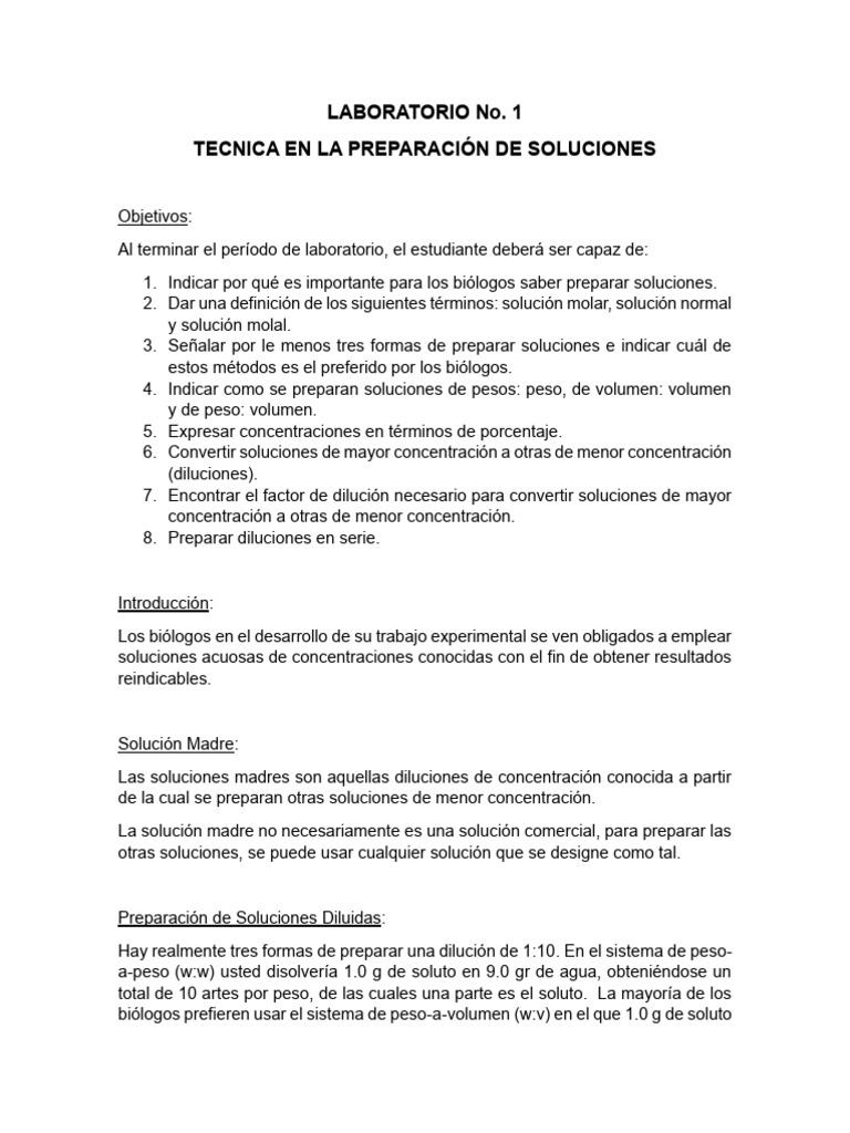 LAB No. 1. TECNICA EN LA PREPARACIÓN DE SOLUCIONES | PDF | Concentración | Química