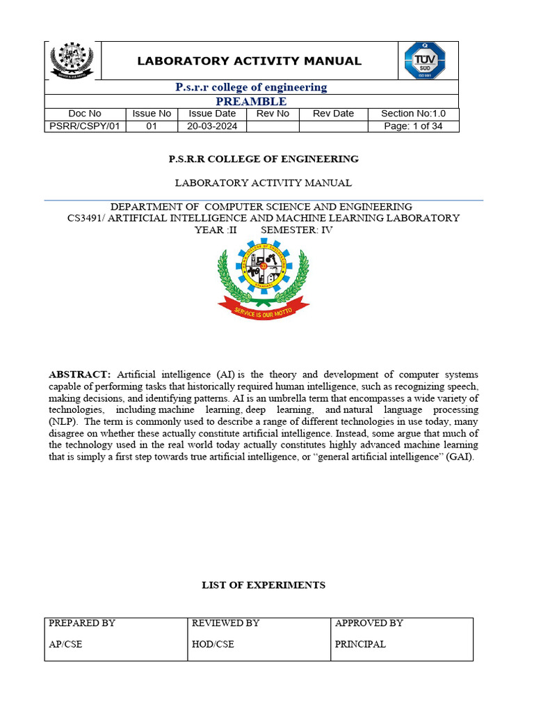 Ai Ml Lab Manual Format Pdf Algorithms And Data Structures Graph Theory