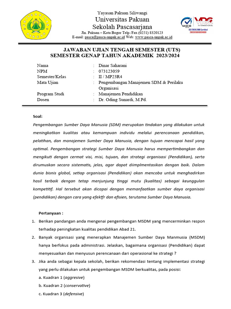 Uts MSDM - Dinar Saharani | PDF