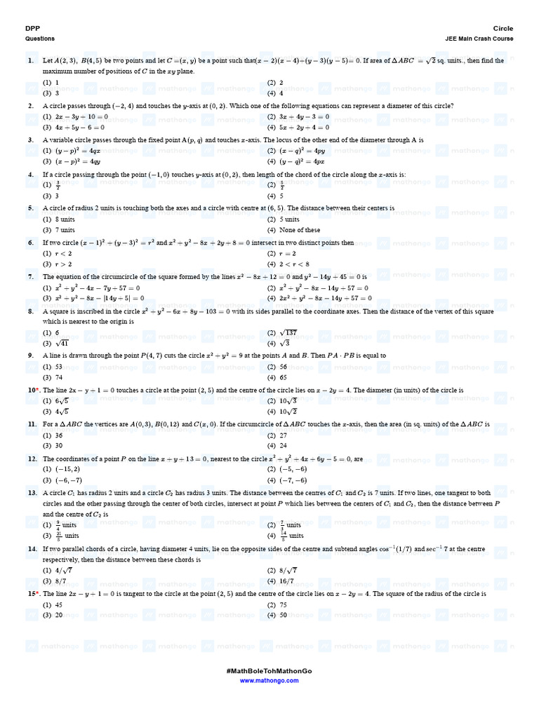 Question DPP Circle JEE Main Crash Course MathonGo-1 | PDF | Circle | Elementary Mathematics