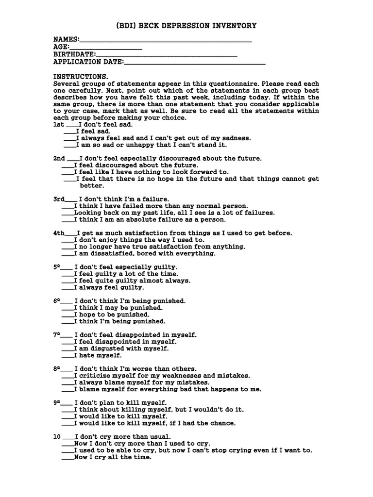 (Bdi) Beck Depression Inventory | Download Free PDF | Psychological ...