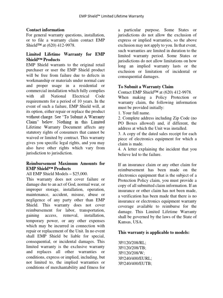 EMP Shield Warranty Card | PDF