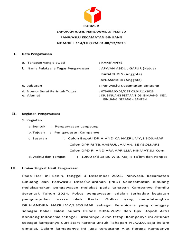 Form A Pengawasan Kampanye 04122023 | PDF