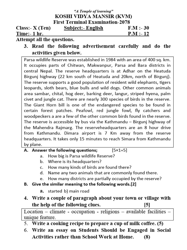 Eng.10. First Term Exam-2078 | PDF Eng.10. First Term Exam-2078 | PDF