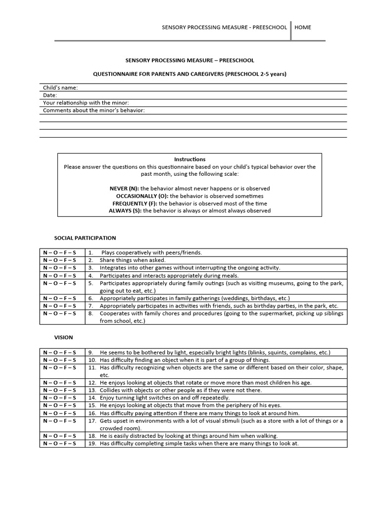 Preschool Sensory Processing Questionnaire | PDF | Preschool ...