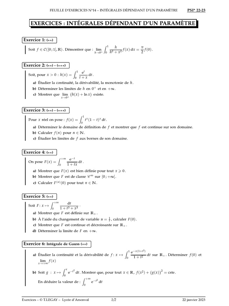 Exercices sur les intégrales à paramètre | PDF | Limite (mathématiques ...