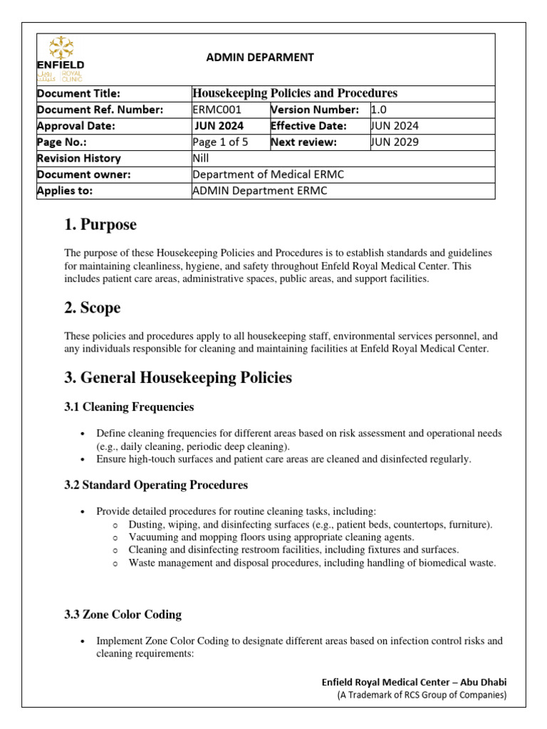 Housekeping Policy | PDF | Housekeeping | Health Care