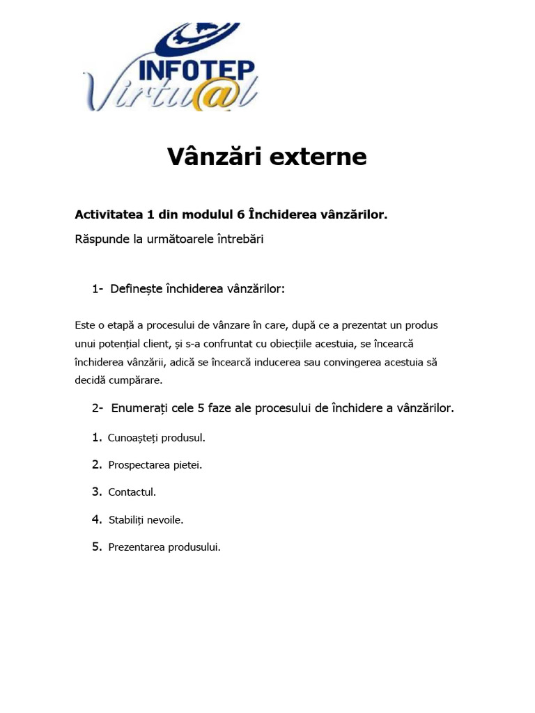 Activitatea 1 Modulul 6, Închiderea Vânzărilor. | PDF