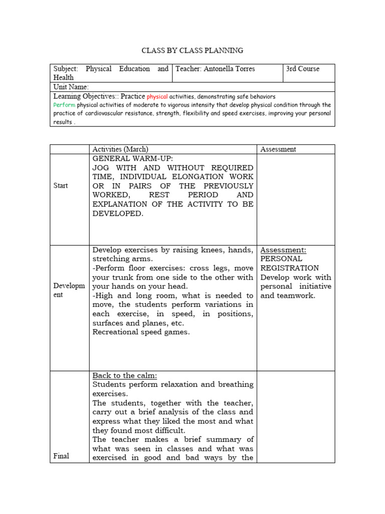 PE Class Plan for 3rd Grade | PDF | Physical Education | Teachers
