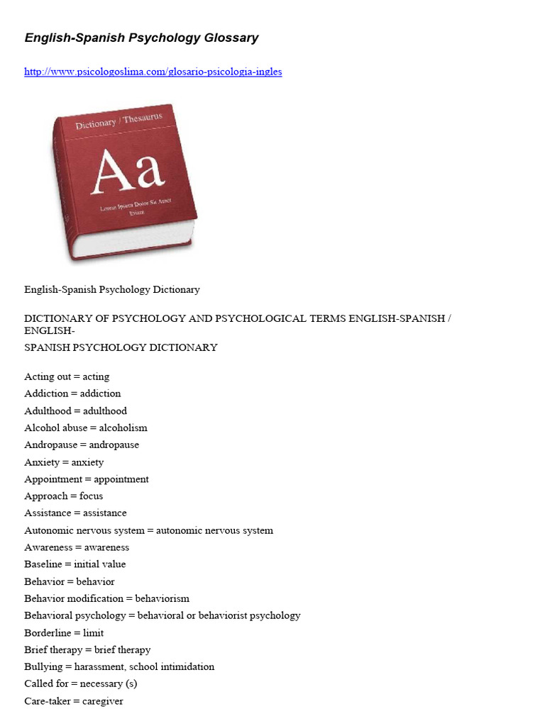 Psychology Vocabulary English Spanish | Download Free PDF ...